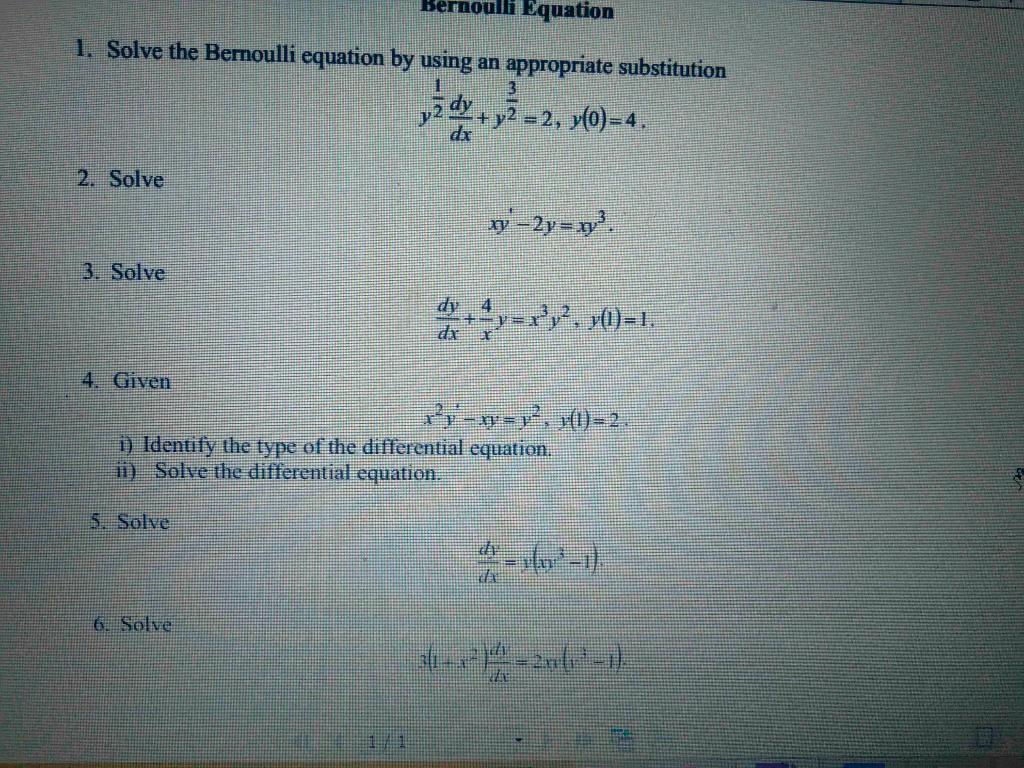 Solved Bernoulli Equation 1. Solve the Bernoulli equation by | Chegg.com
