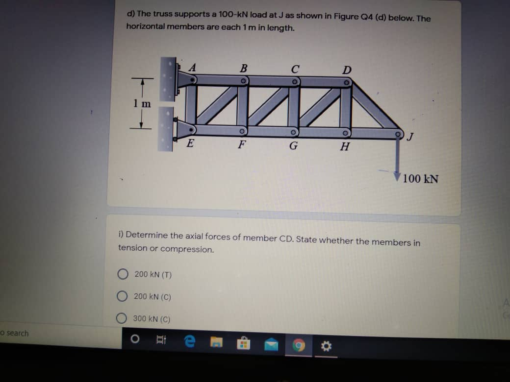 Solved d) The truss supports a 100-kN load at Jas shown in | Chegg.com