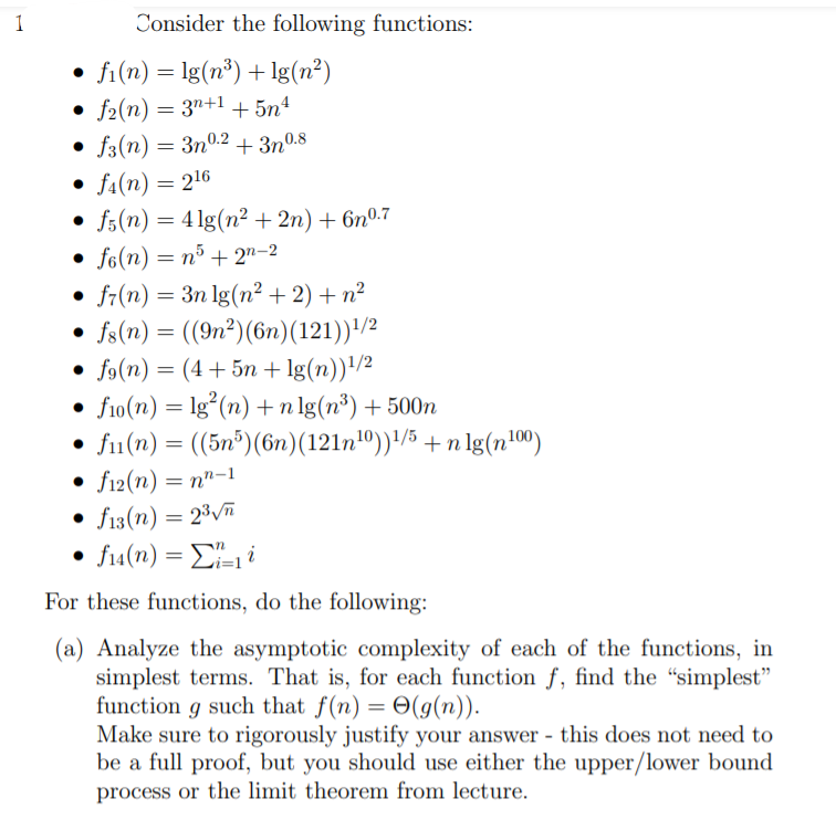 Solved 1 = = = Consider the following functions: • fi(n) = | Chegg.com