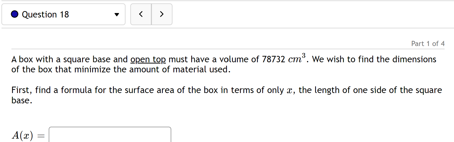 Solved A box with a square base and open top must have a | Chegg.com