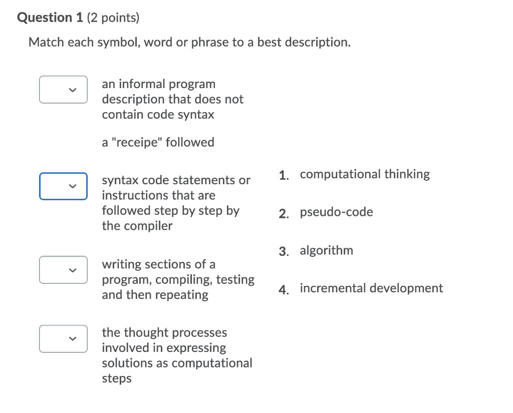 Solved Question 1 (2 points) Match each symbol, word or | Chegg.com