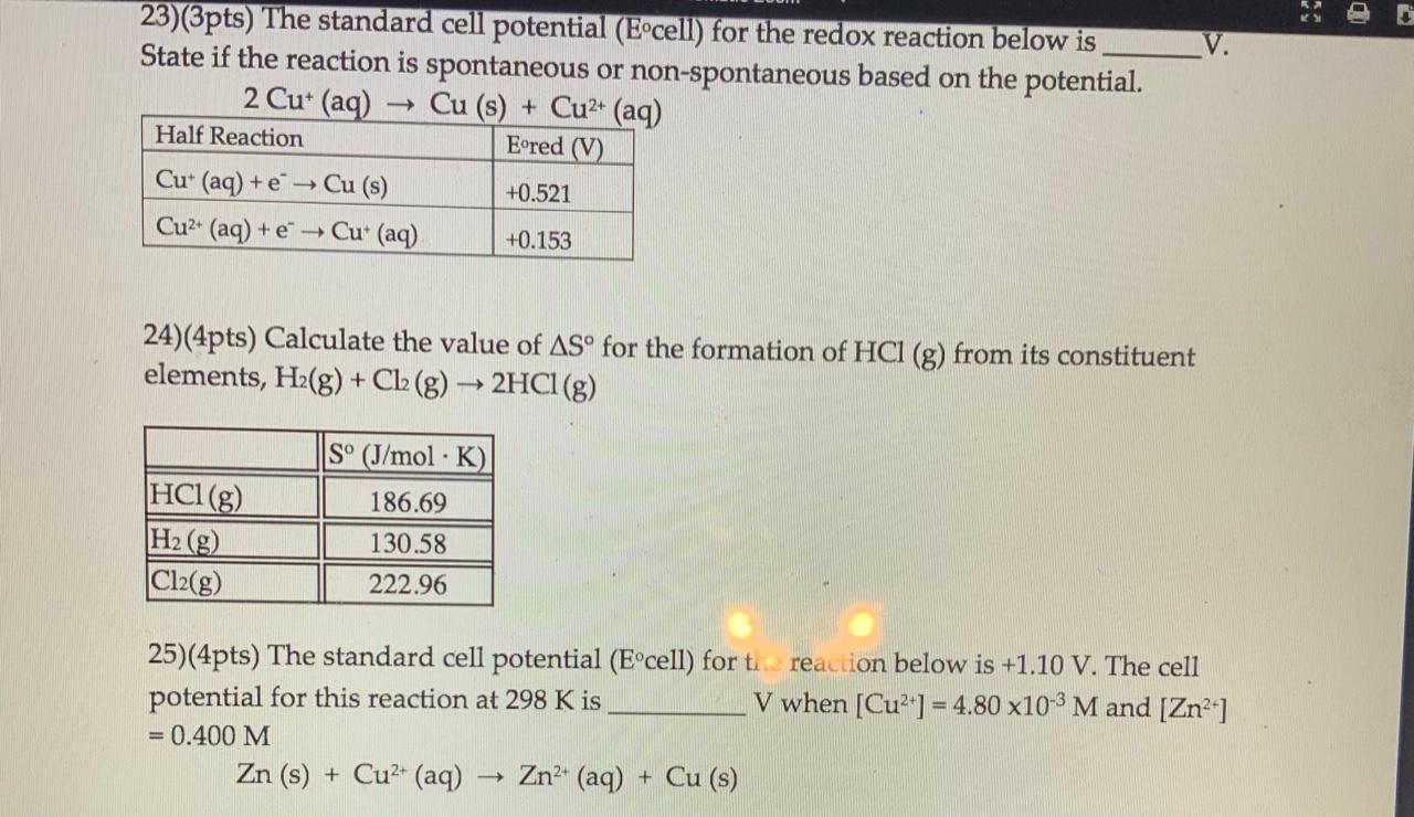 Solved -> 23)(3pts) The standard cell potential (Eocell) for | Chegg.com