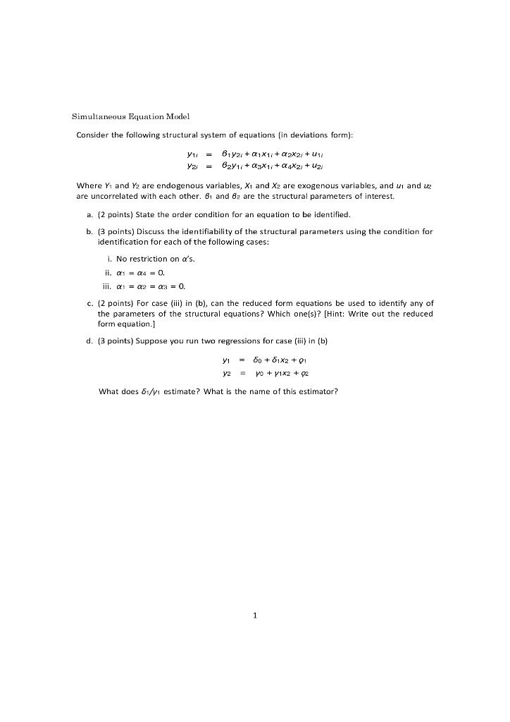 Solved Simultaneous Equation Model Consider the following | Chegg.com