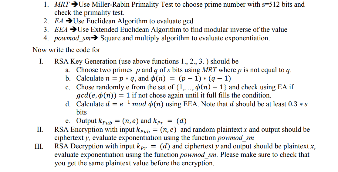 1. MRT → Use Miller-Rabin Primality Test to choose | Chegg.com
