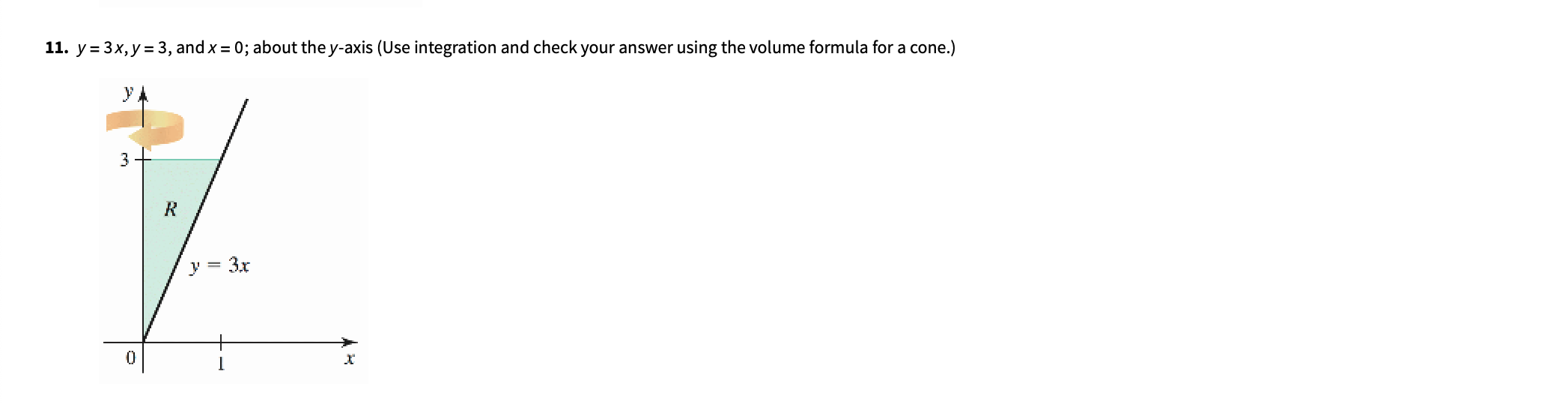 Solved y=3x,y=3, ﻿and x=0; about the y-axis (Use integration | Chegg.com