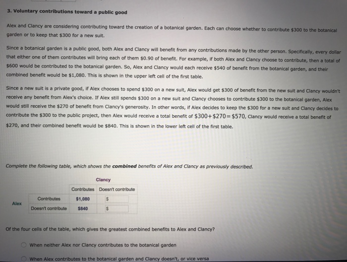 Solved 3. Voluntary contributions toward a public good Alex | Chegg.com