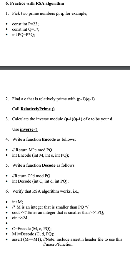 Solved 6. Practice with RSA algorithm 1. Pick two prime | Chegg.com