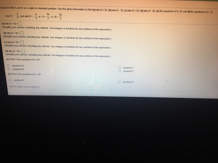 Solved Suppose that A and B are angles in standard position. | Chegg.com