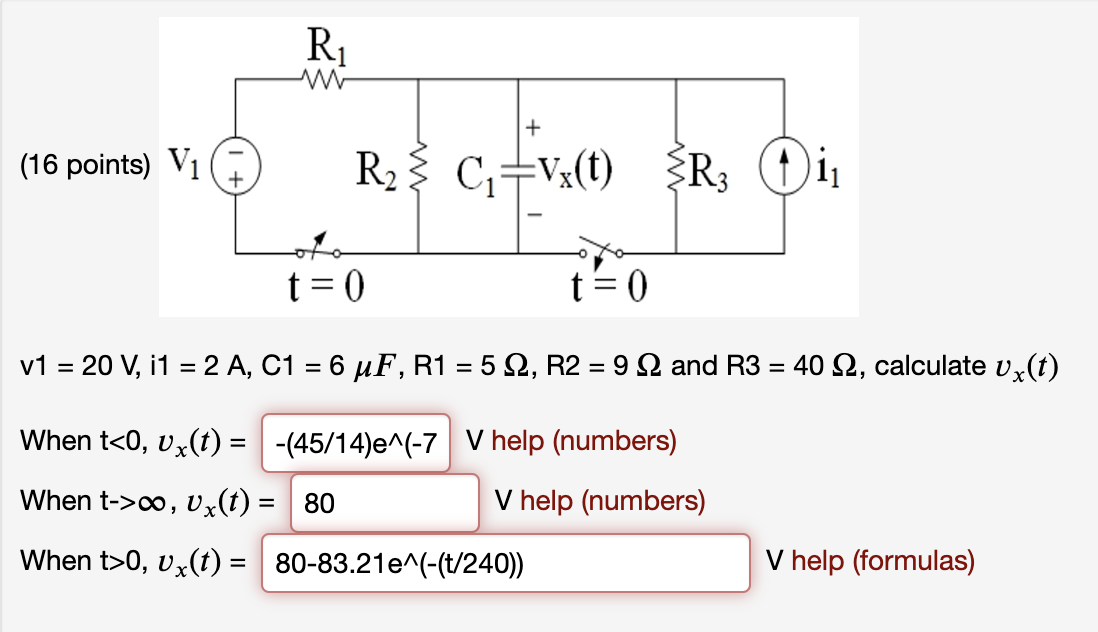Solved (16 points) v1=20 V,i1=2 A,C1=6μF,R1=5Ω,R2=9Ω and | Chegg.com