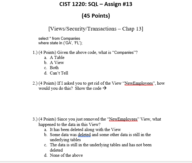 Solved CIST 1220: SQL – Assign #13 (45 Points) | Chegg.com