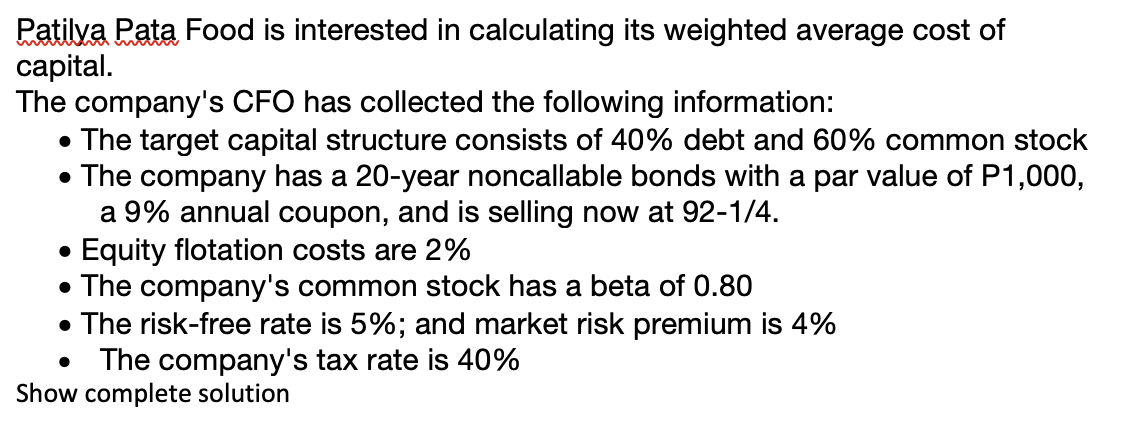 Patilya Pata Food is interested in calculating its | Chegg.com