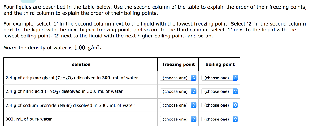 Solved Four liquids are described in the table below. Use | Chegg.com