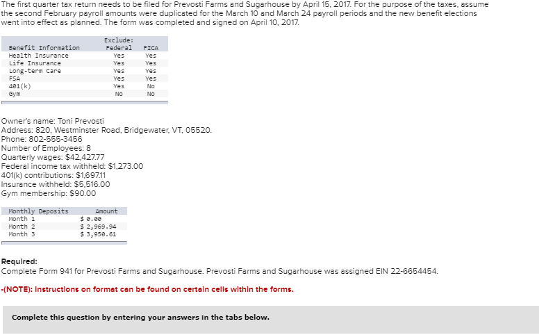 Solved Required: Complete Form 941 for Prevosti Farms and | Chegg.com