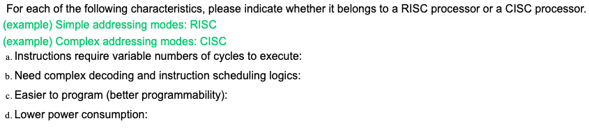 Solved For each of the following characteristics, please | Chegg.com