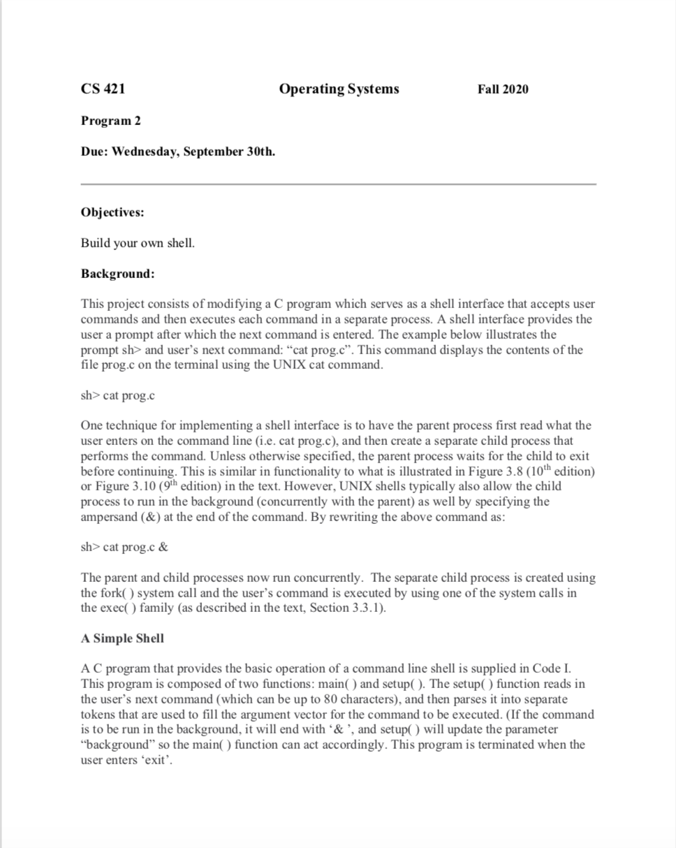 CS 421 Operating Systems Fall 2020 Program 2 Due: | Chegg.com
