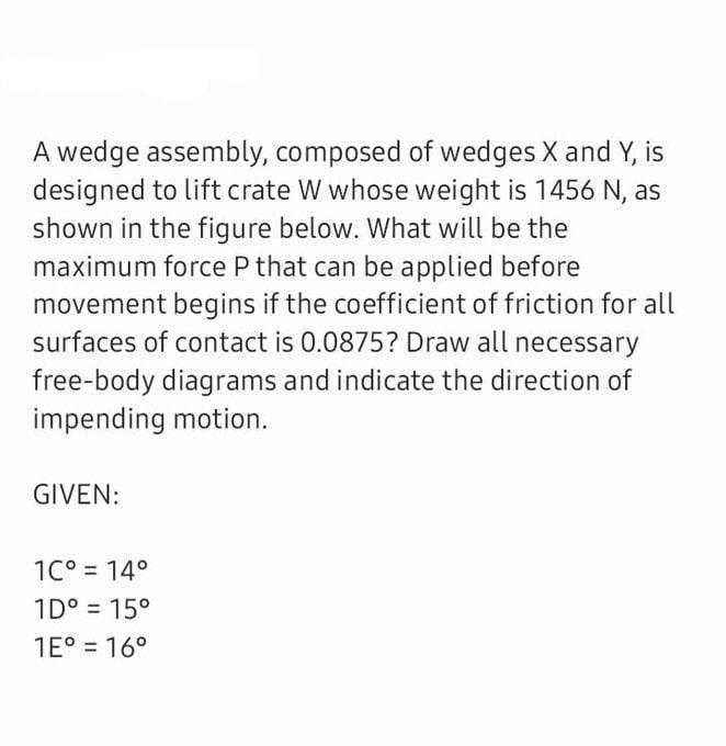 Solved A wedge assembly, composed of wedges X and Y, is | Chegg.com