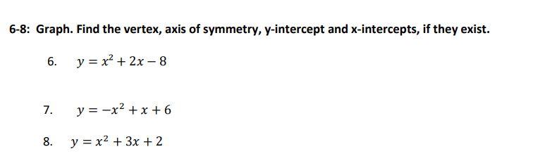 Solved 6-8: Graph. Find the vertex, axis of symmetry, | Chegg.com