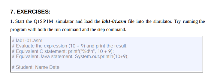 Solved 7. EXERCISES: 1. Start the QtSPIM simulator and load | Chegg.com