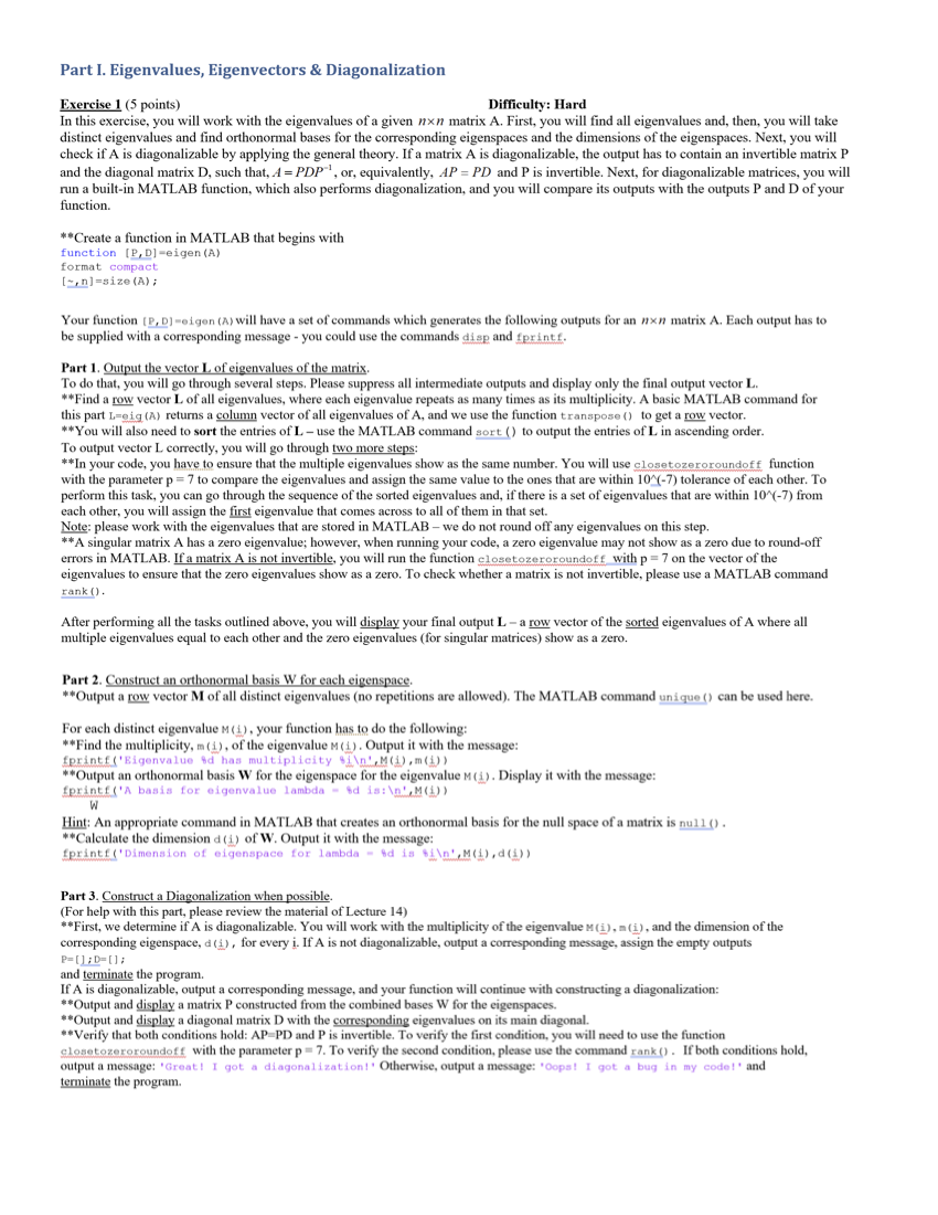 Solved Part I Eigenvalues Eigenvectors And Diagonalization 7610