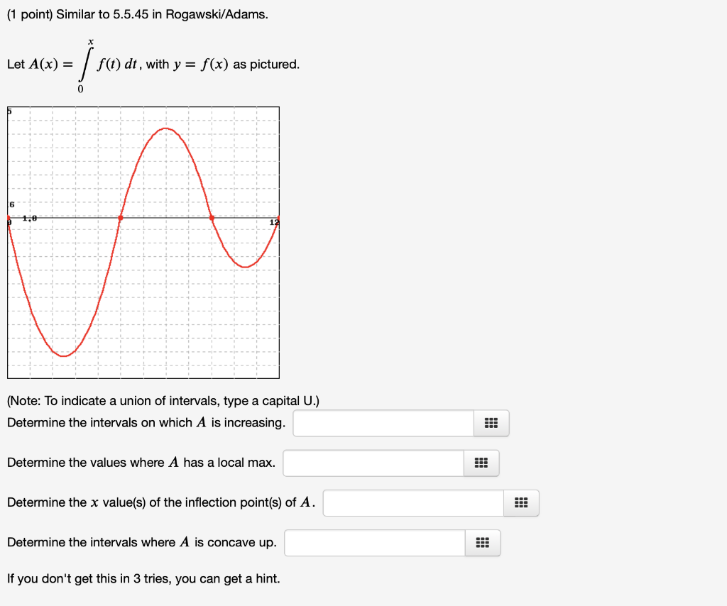 Solved Let A(x)=∫0xf(t)dt, with y=f(x) as pictured. (Note: | Chegg.com
