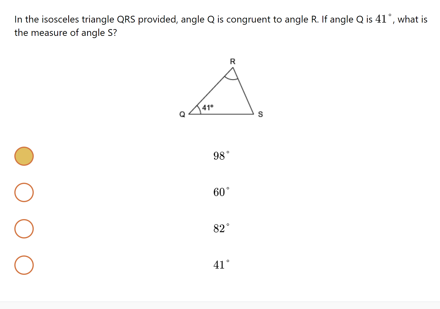 Solved In the isosceles triangle QRS provided, angle Q is | Chegg.com