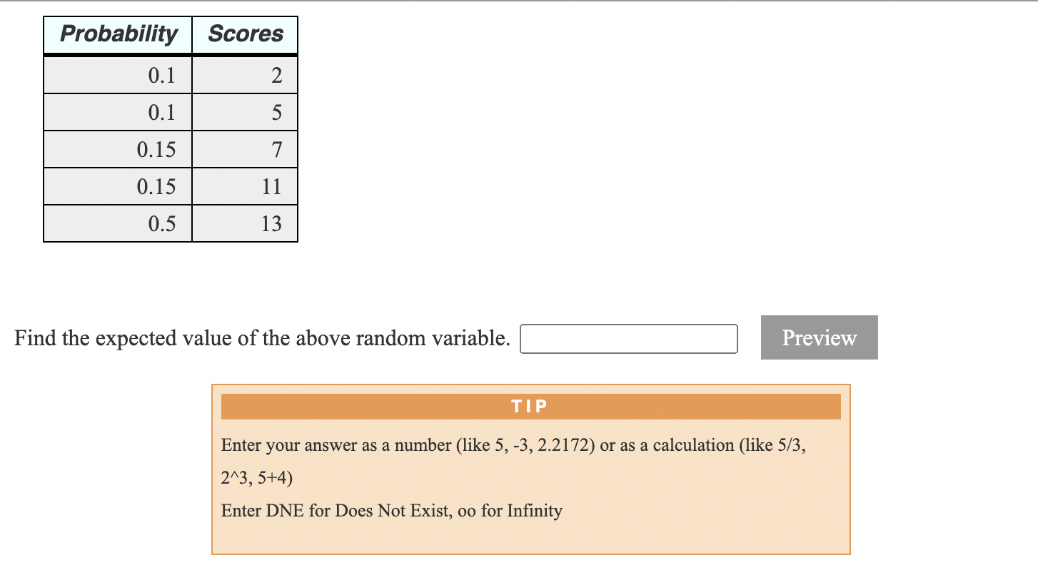 Solved Probability Scores 0.1 2 0.1 5 0.15 7 0.15 11 0.5 13 | Chegg.com