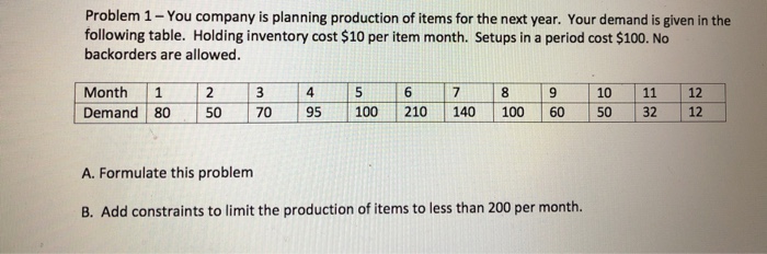Solved Problem 1-You company is planning production of items | Chegg.com