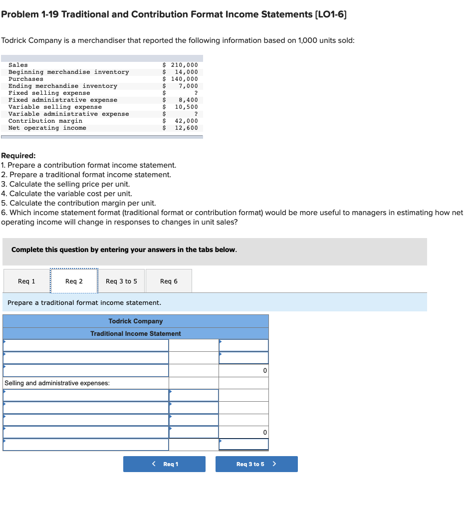 Solved Problem 1-19 Traditional and Contribution Format | Chegg.com