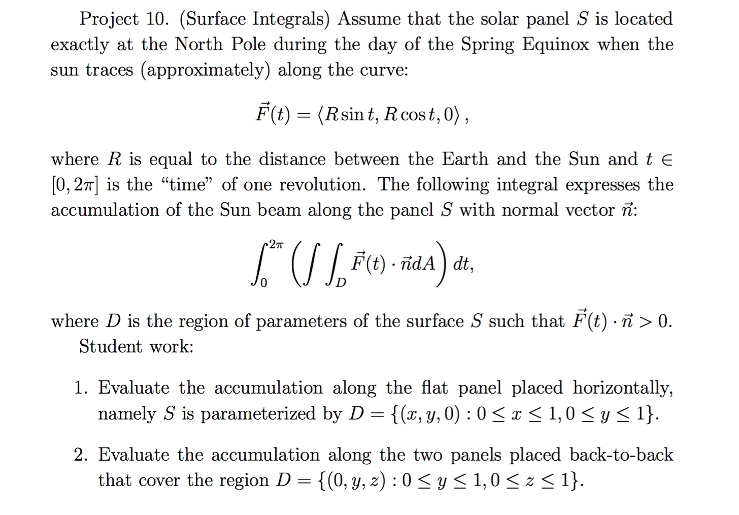 Project 10. (Surface Integrals) Assume that the solar | Chegg.com