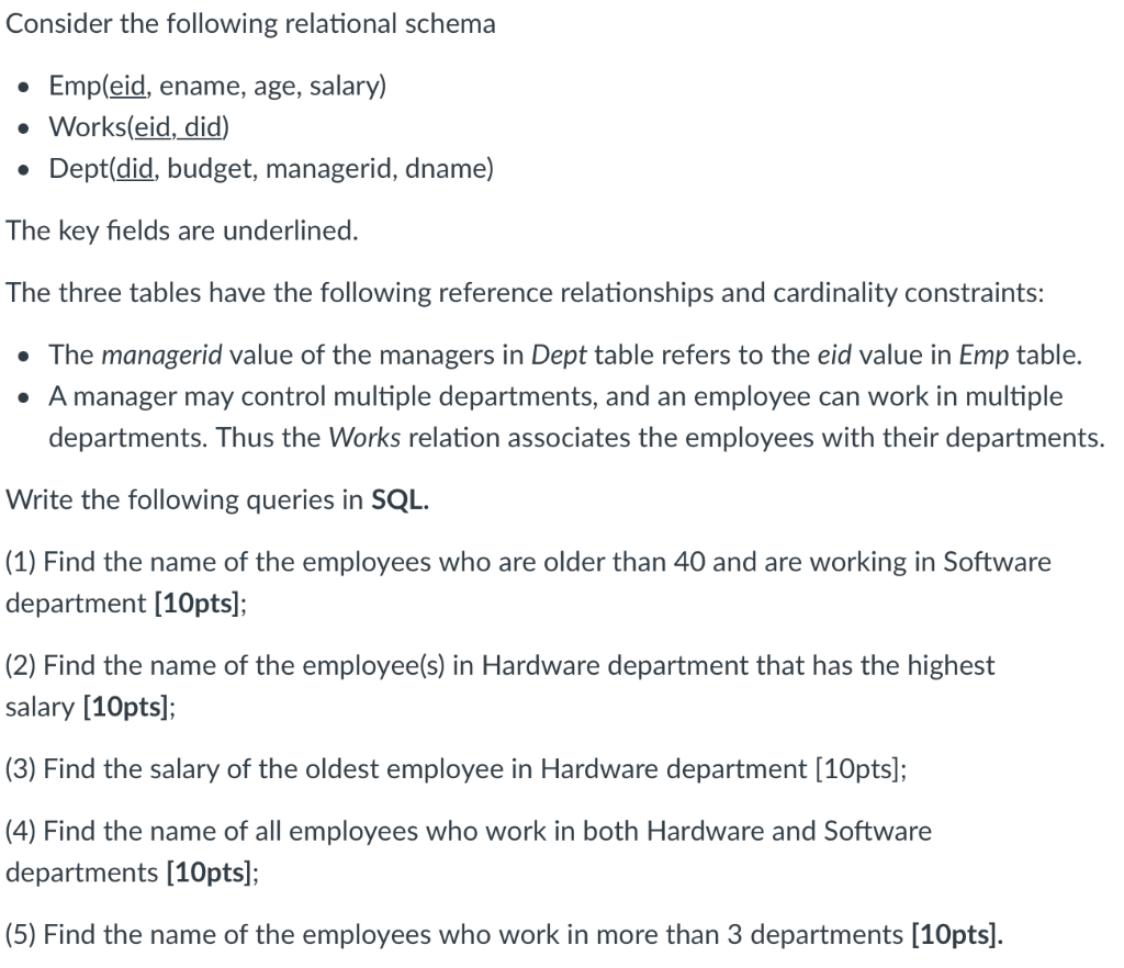 Solved Consider the following relational schema - Emp(eid, | Chegg.com