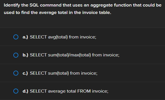 Solved Identify The Sql Command That Uses An Aggregate 6287