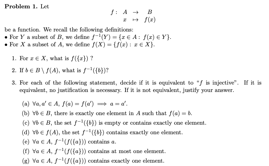 Solved Problem 1. Let f: A + B # f(x) be a function. We | Chegg.com