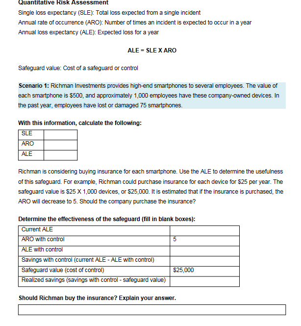 Solved Quantitative Risk Assessment Single loss expectancy | Chegg.com
