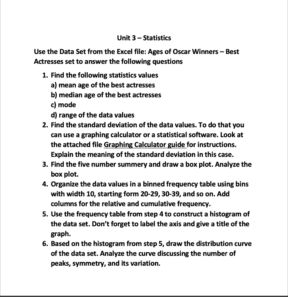 Solved Unit 3 - Statistics Use the Data Set from the Excel | Chegg.com