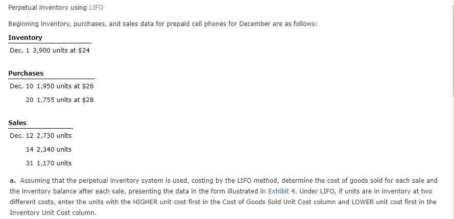 Solved Perpetual inventory using LIFO Beginning inventory, | Chegg.com