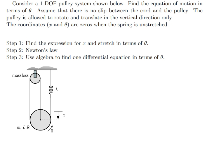 Solved Consider a 1 ﻿DOF pulley system shown below. Find the | Chegg.com