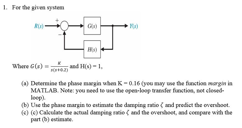 Solved 1. For the given system Y(S) Where G(s) = s(s+0.2) | Chegg.com