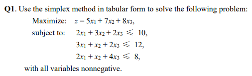 Solved Q1. Use the simplex method in tabular form to solve | Chegg.com