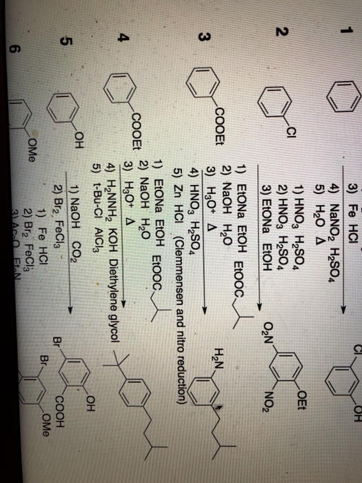 Solved Cl OH 3) Fe HOI 4) NaNO2 H2SO4 5) H2O Δ 1) HNO3 H2SO4 | Chegg.com