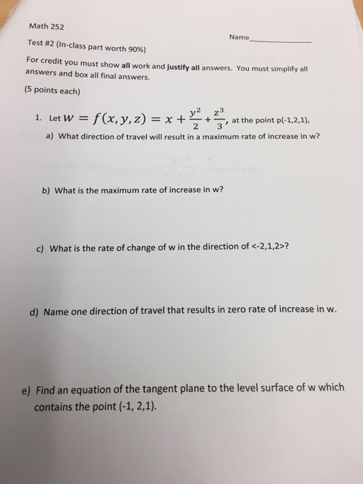 Solved Math 252 Test #2 (in-class part worth 90%) For credit | Chegg.com