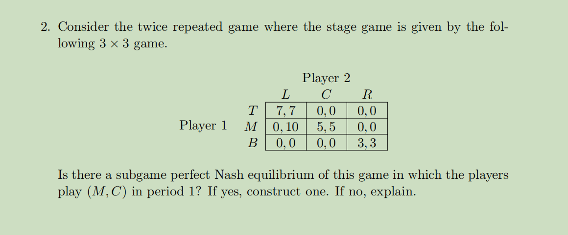 Solved 2. Consider the twice repeated game where the stage | Chegg.com