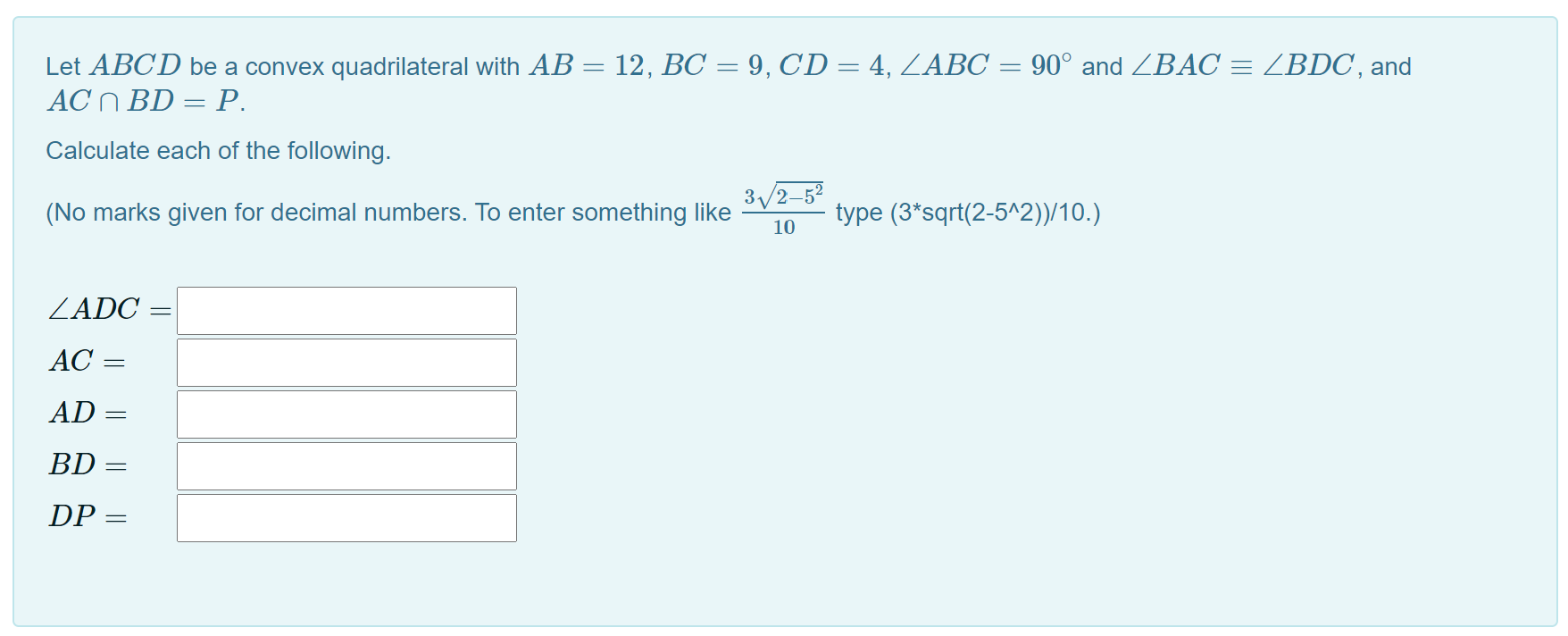 Solved Let ABCD be a convex quadrilateral with AB = 12, BC = | Chegg.com