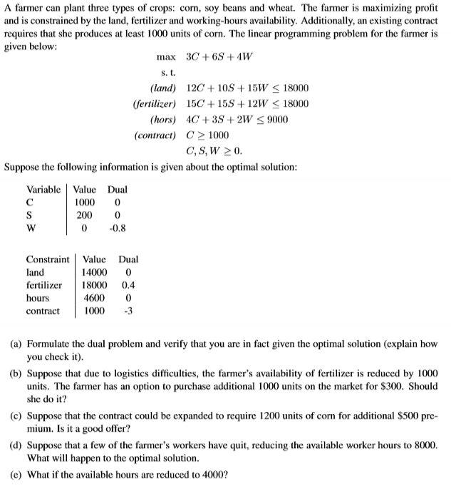 Solved A farmer can plant three types of crops: corn, soy | Chegg.com