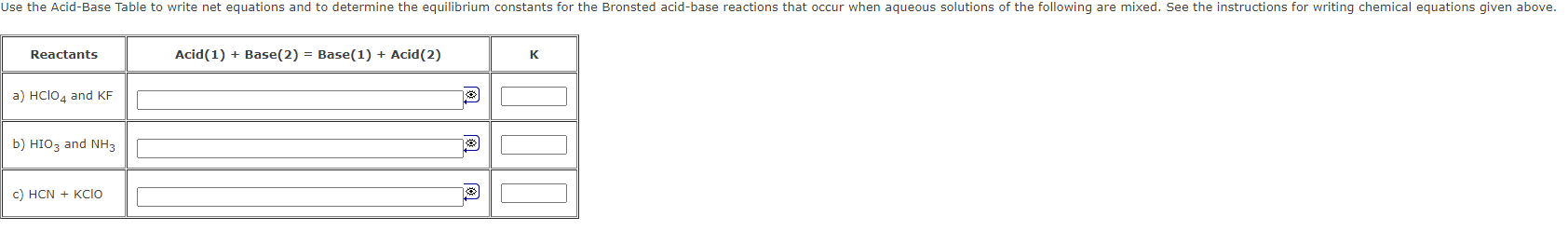 Solved Use the Acid-Base Table to write net equations and to | Chegg.com