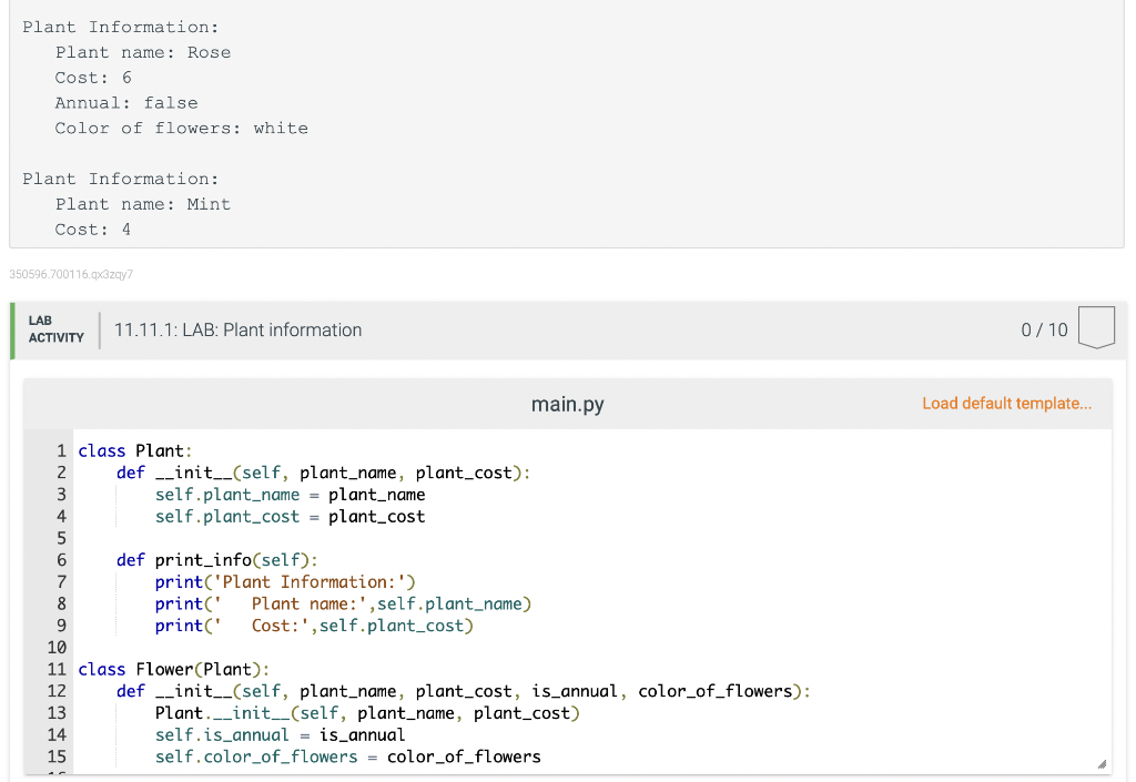 Solved 11.11 LAB: Plant information Given a base Plant class | Chegg.com