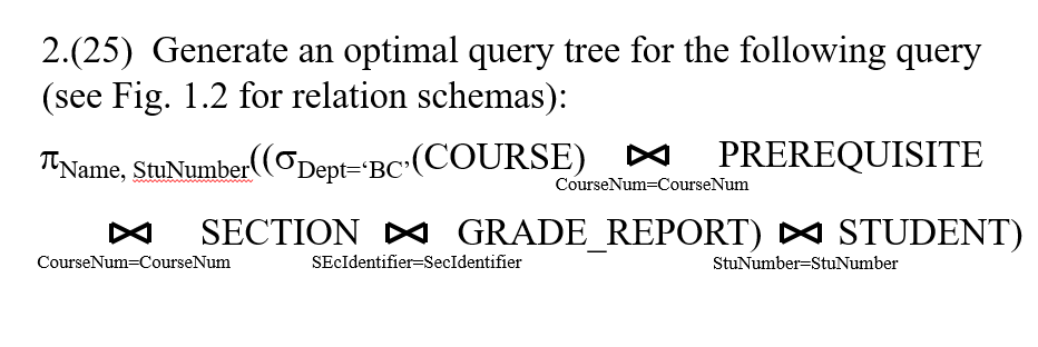 Solved 2.(25) Generate an optimal query tree for the | Chegg.com