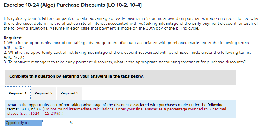 Solved Exercise 10-24 (Algo) Purchase Discounts [LO 10-2, | Chegg.com