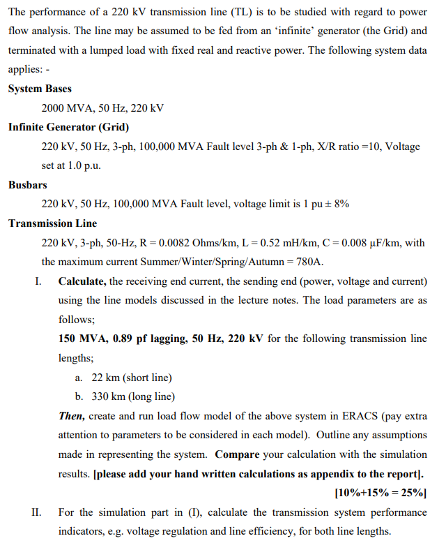 The performance of a 220 kV transmission line (TL) is | Chegg.com
