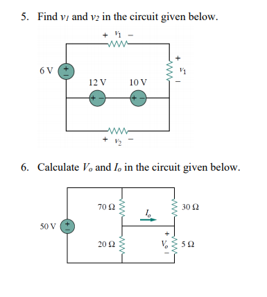 Solved 5. Find νι and v2 in the circuit given below. + V1 6V | Chegg.com
