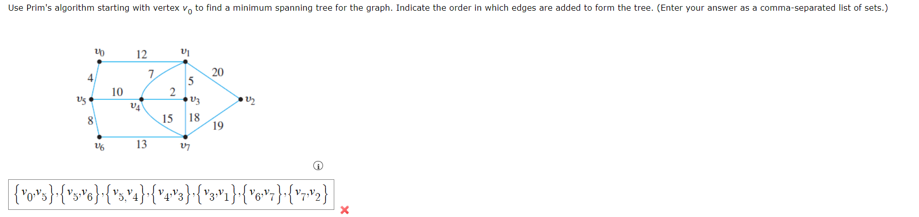 Solved {v0,v5},{v5,v6},{v5,v4},{v4,v3},{v3,v1},{v6,v7},{v7,v | Chegg.com